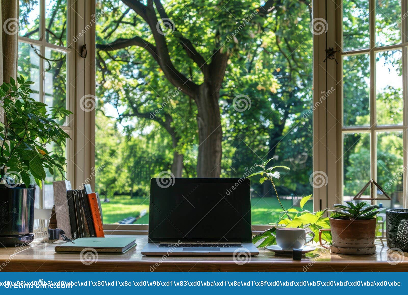 Laptop Computer on Desk in Front of Large Window Overviewing Lush Green ...