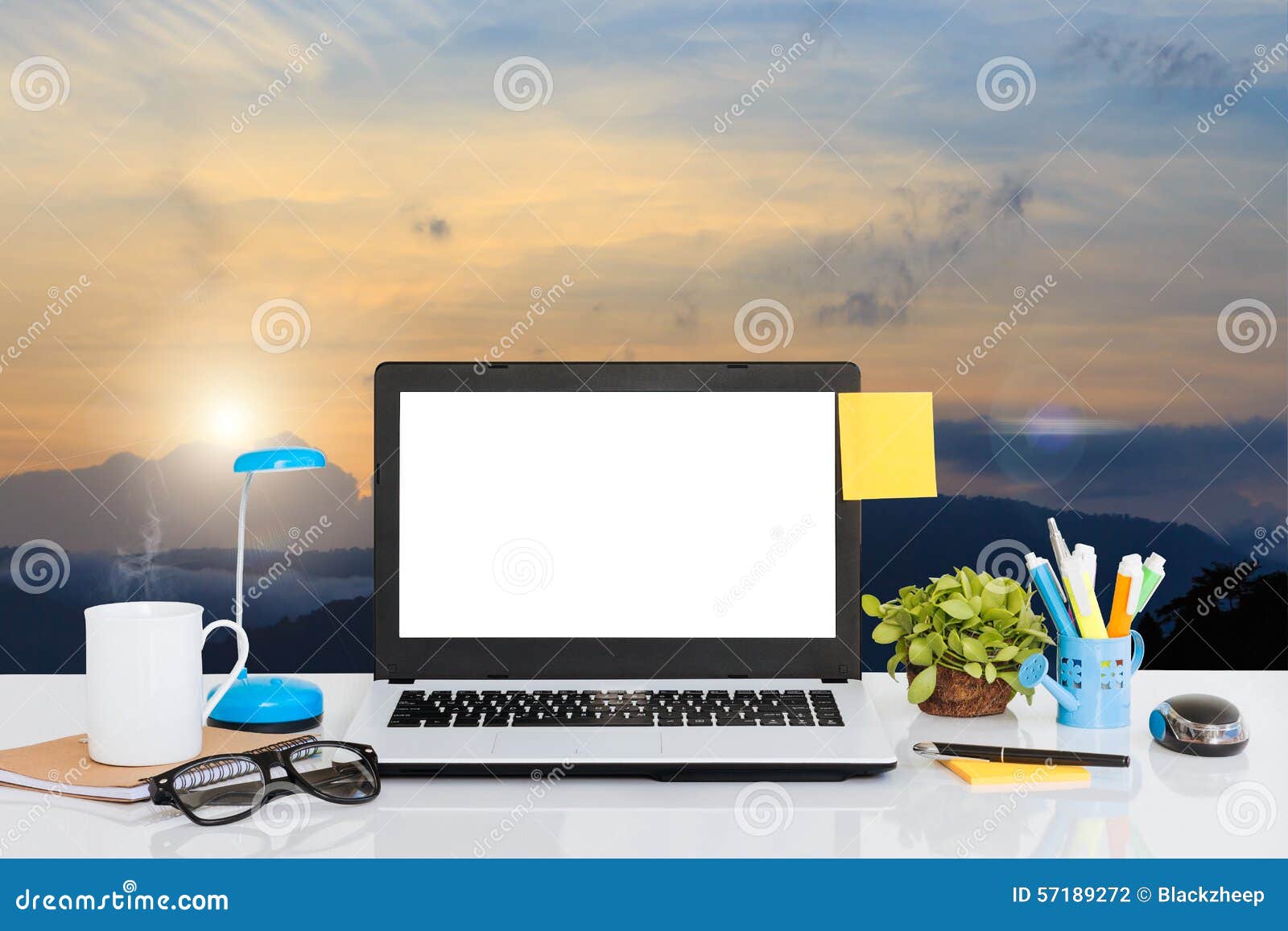 Laptop Computer on Desk and Landscape View Background Stock Photo ...