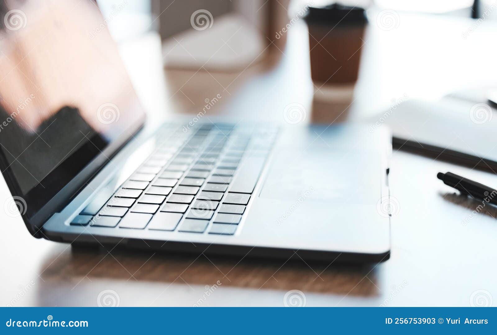 Laptop, Computer and Desk with a Notebook on a Table in an Empty Office ...