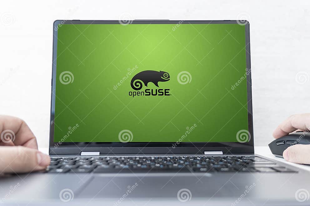 Laptop Computer Displaying Logo of the OpenSUSE Project, a Worldwide ...