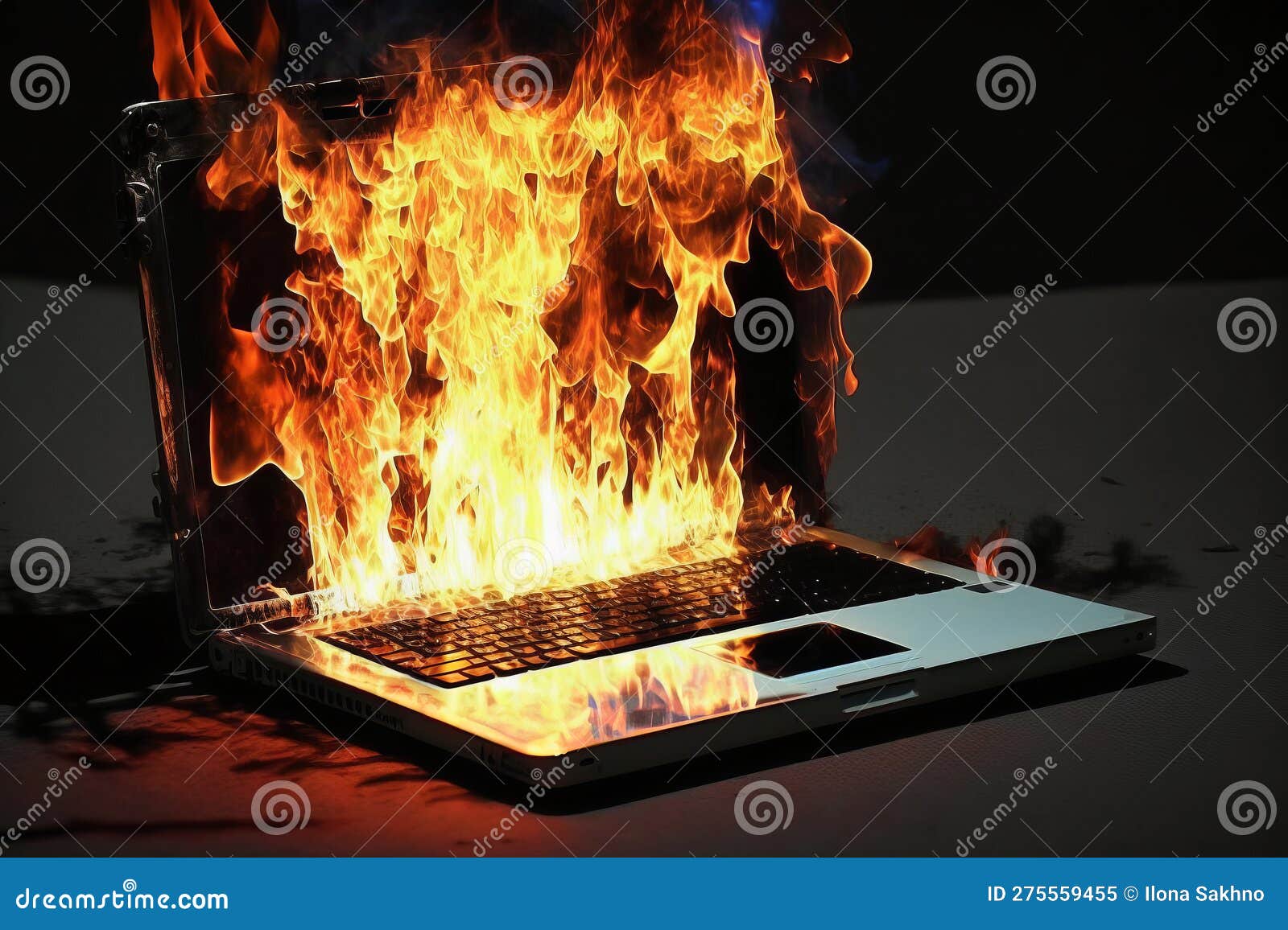 Laptop Computer Engulfed in Flames and Burning Stock Illustration ...