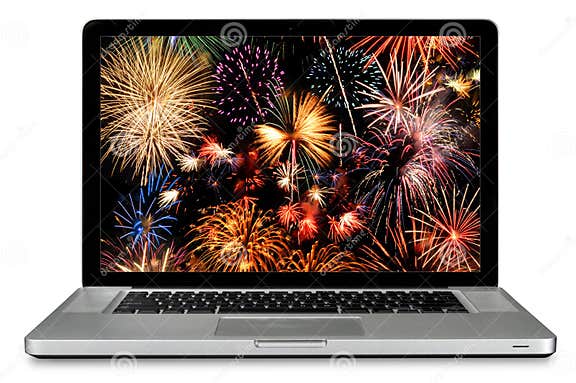 Laptop Computer with Fireworks on Screen Stock Image - Image of ...