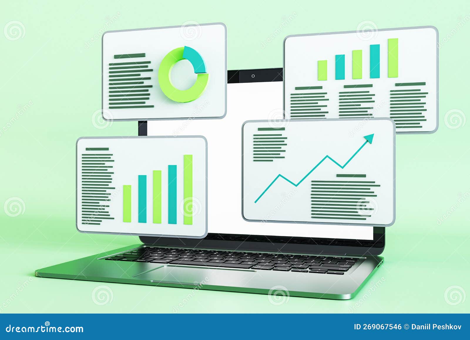 Laptop Computer on Green Background with Various Business Charts ...