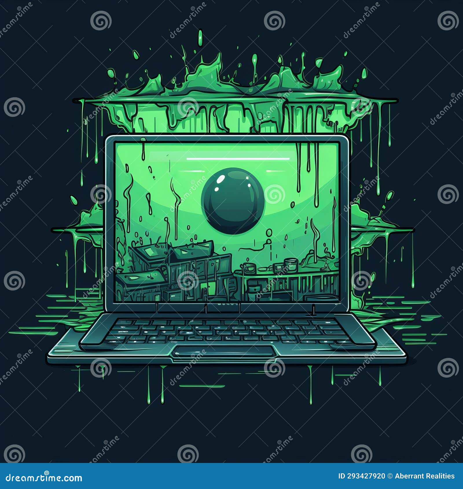 A Laptop Computer with a Green Liquid Dripping from the Screen Stock ...