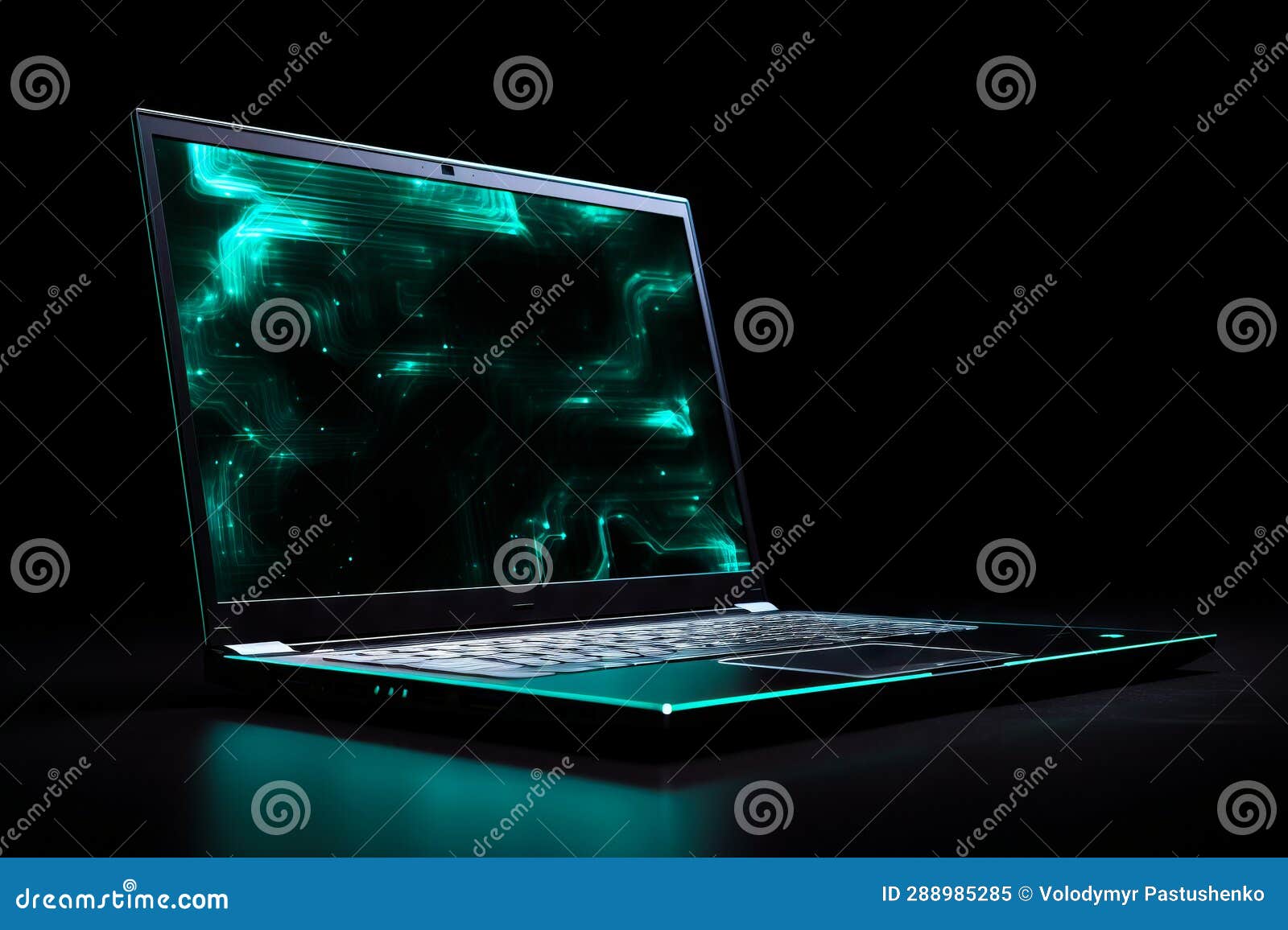 Laptop Computer with Green Screen on Table in the Dark. Generative AI ...