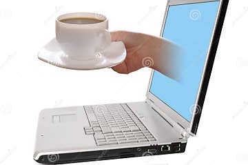 Laptop Computer with Hand Giving a Cup of Coffee Stock Photo - Image of ...
