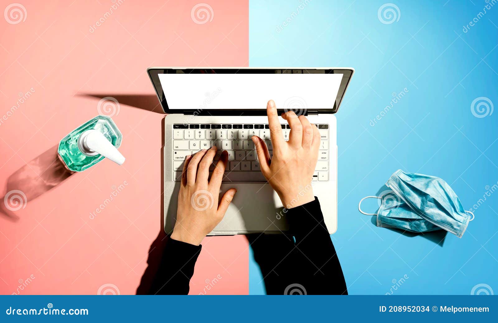 Laptop Computer with Hand Sanitizer and Masks Stock Photo - Image of ...