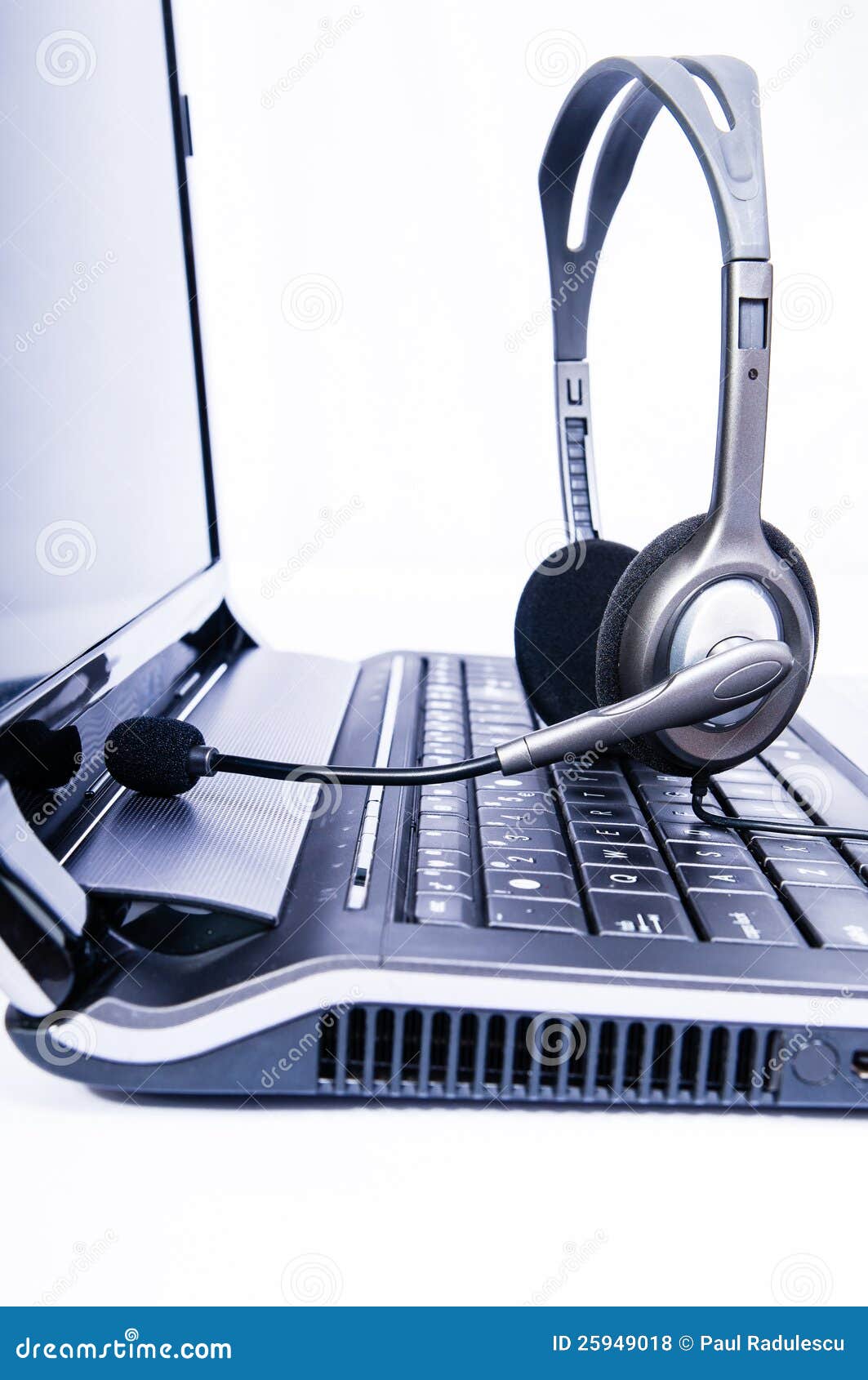 Laptop Computer with Headset on Keyboard Stock Photo - Image of digital ...