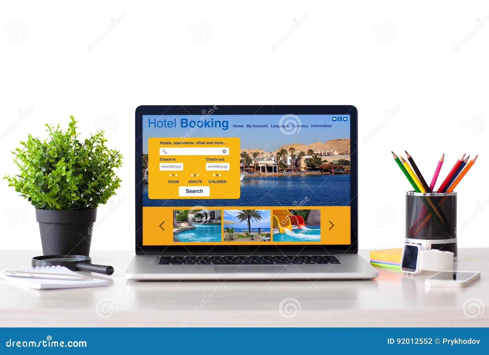 Laptop Computer with Hotel Booking Screen on Table in Office Stock ...