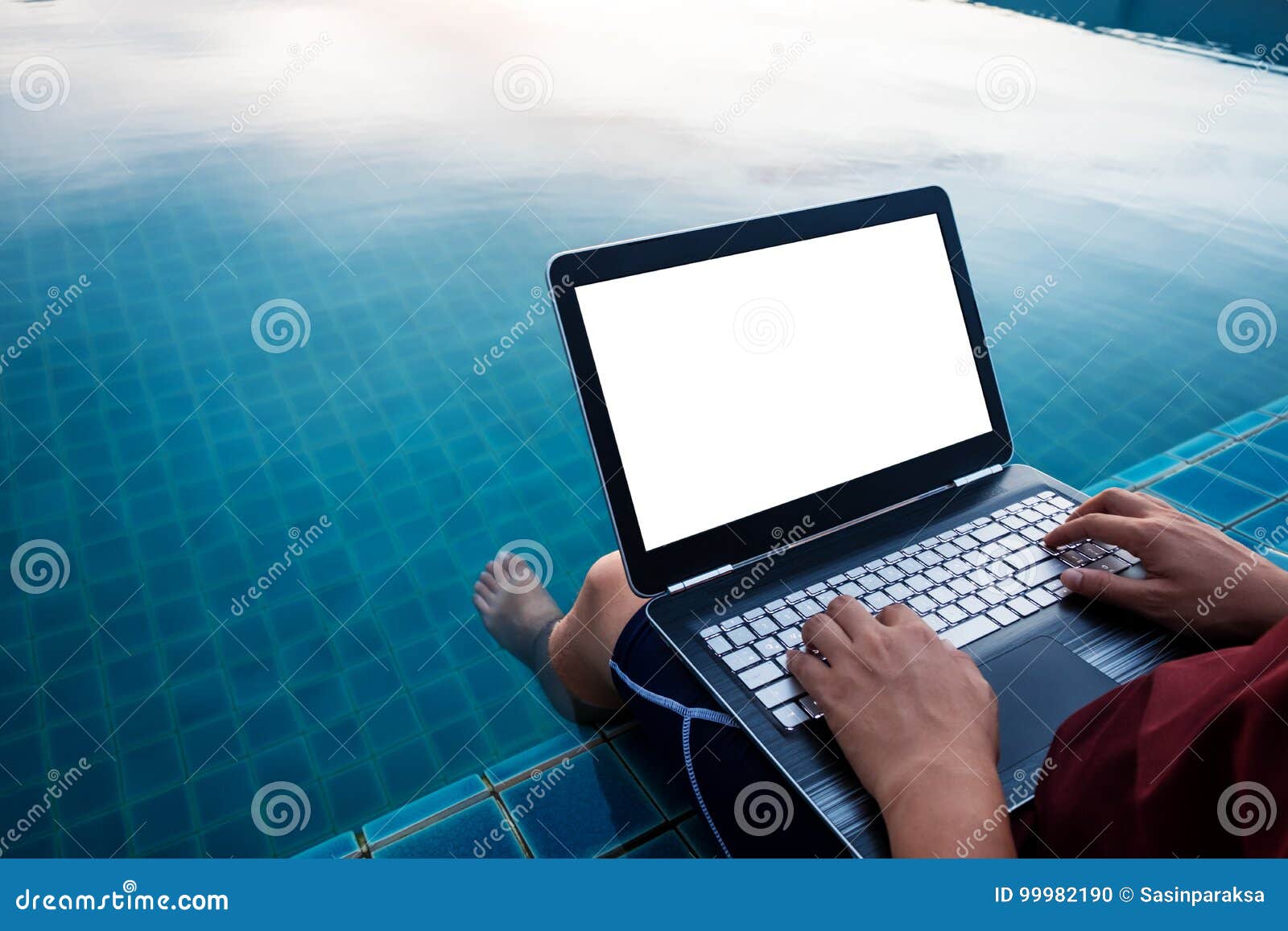 Laptop Computer, a Man Using Computer Laptop, at Poolside with Dipping ...