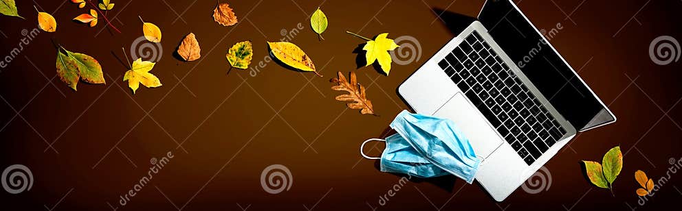 Laptop Computer with Masks in Autumn Stock Image - Image of overhead ...