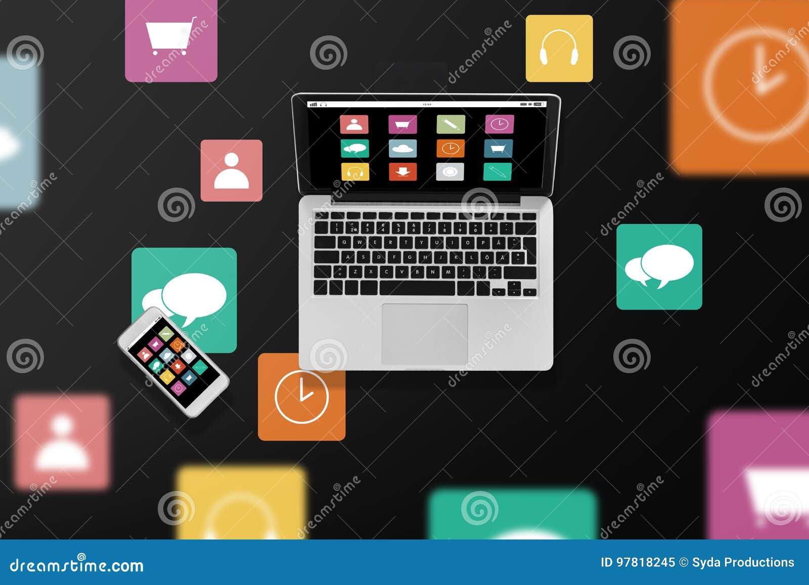 Laptop Computer with Menu Icons and Smartphone Stock Illustration ...