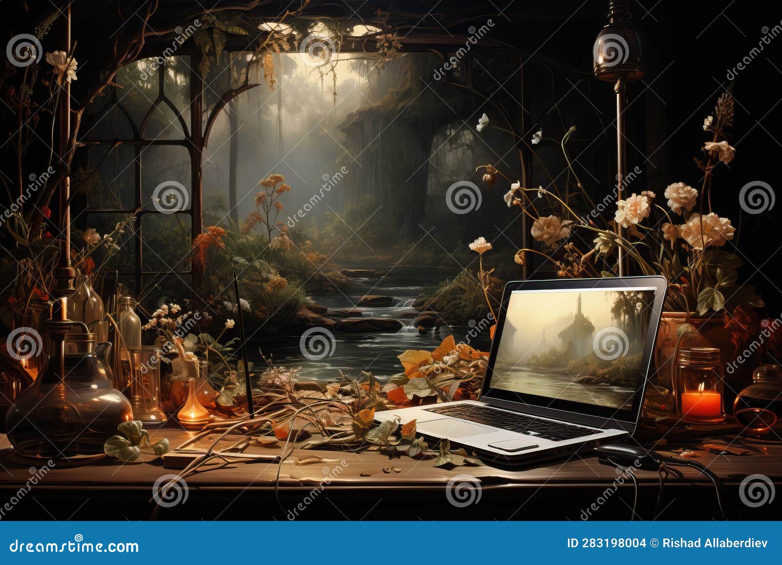 A Laptop Computer in a Middle of a Forest, Next To a River. Generative ...