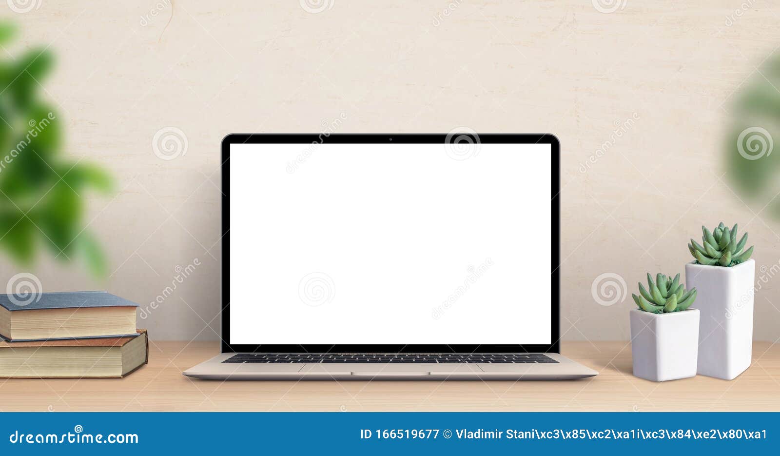 Laptop Computer Mockup on Work Desk. Close-up Scene with Plants and ...