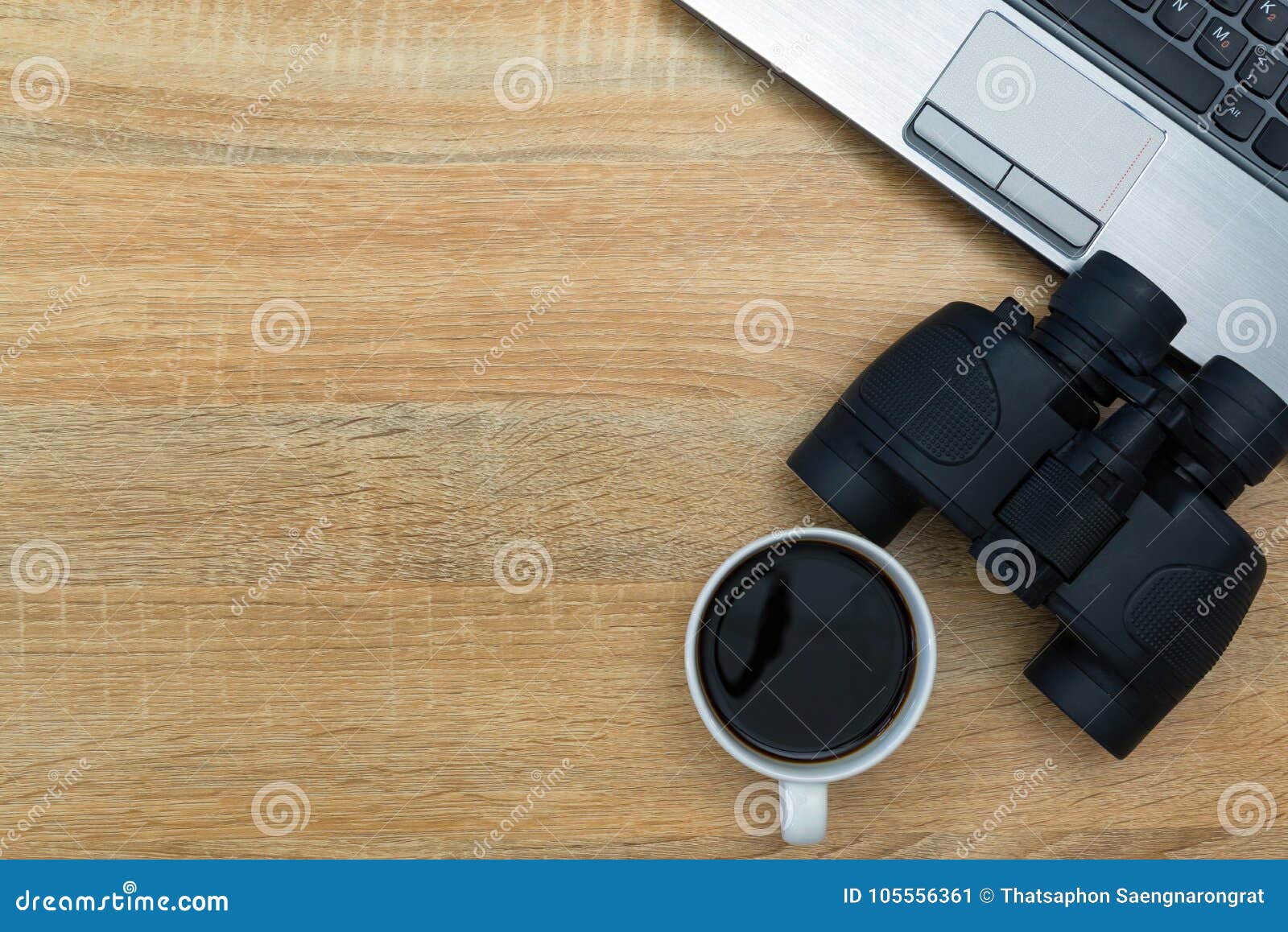 Laptop Computer or Notebook and Binocular, Calculator and Cup of Stock ...