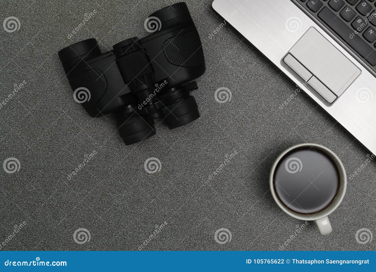 Laptop Computer or Notebook, Binocular and Cup of Coffee on Work Stock ...