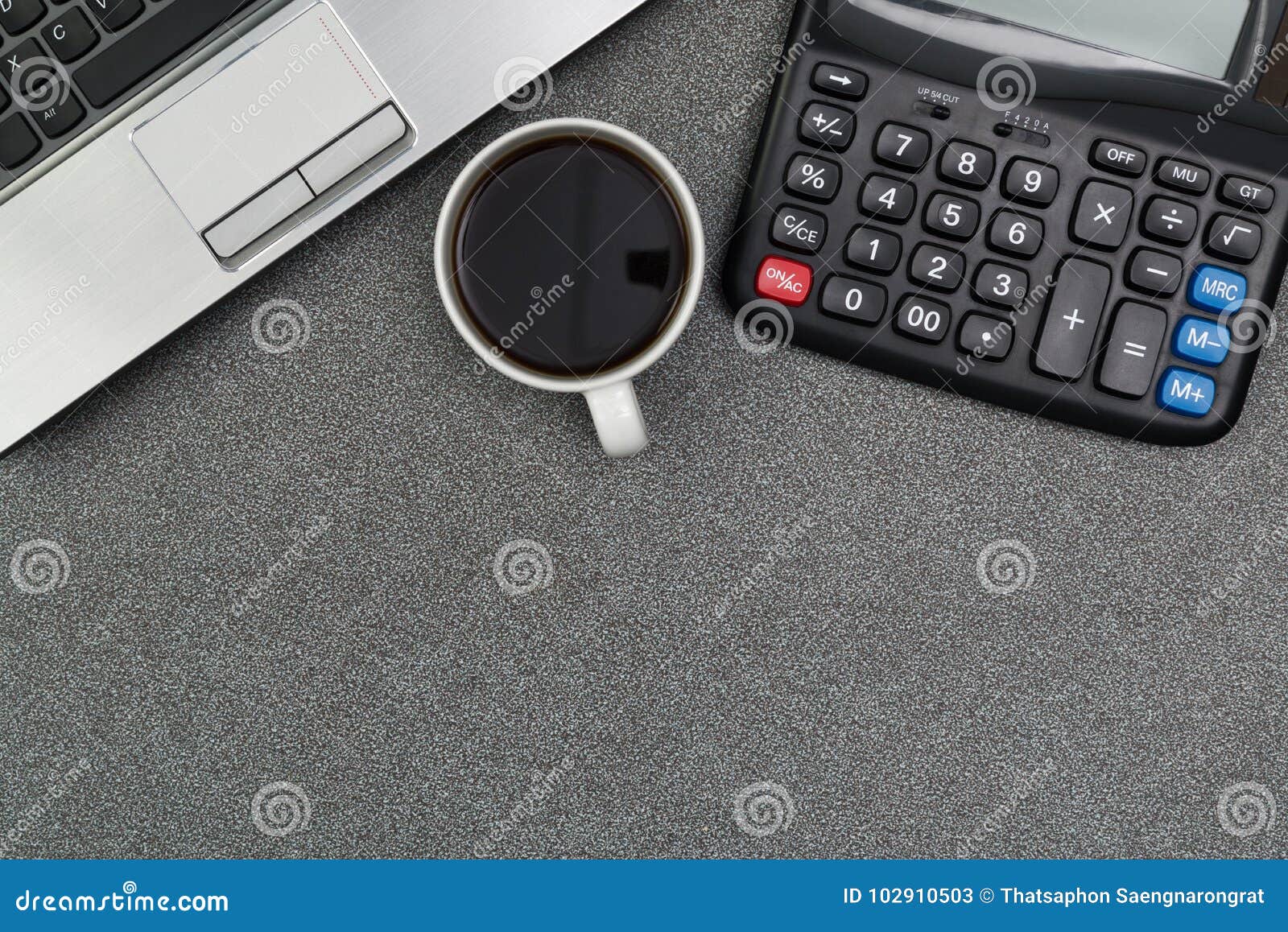 Laptop Computer or Notebook, Calculator and Cup of Coffee on Working ...