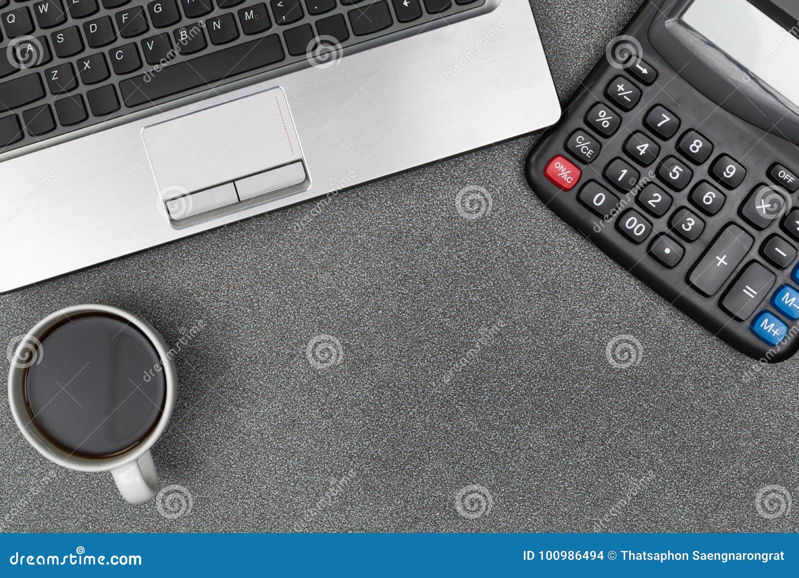 Laptop Computer or Notebook, Calculator and Cup of Coffee on Working ...