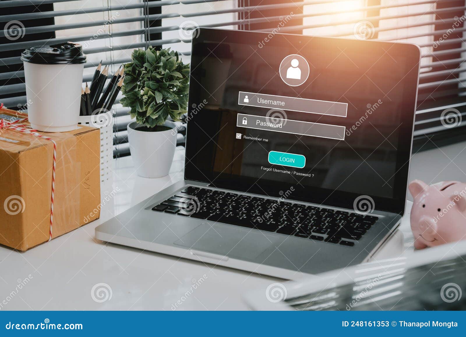 Laptop Computer on Office Desk with Login and Password on Screen ...
