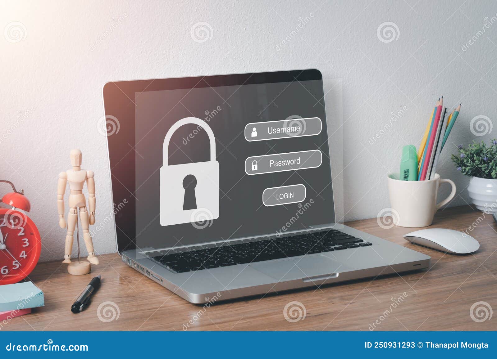 Laptop Computer on Office Desk with Login and Password on Screen ...