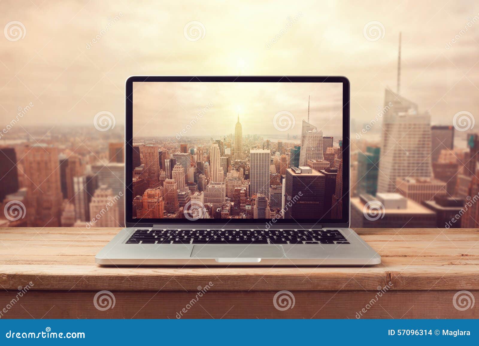 Laptop Computer Over New York City Skyline. Retro Filter Effect Stock ...