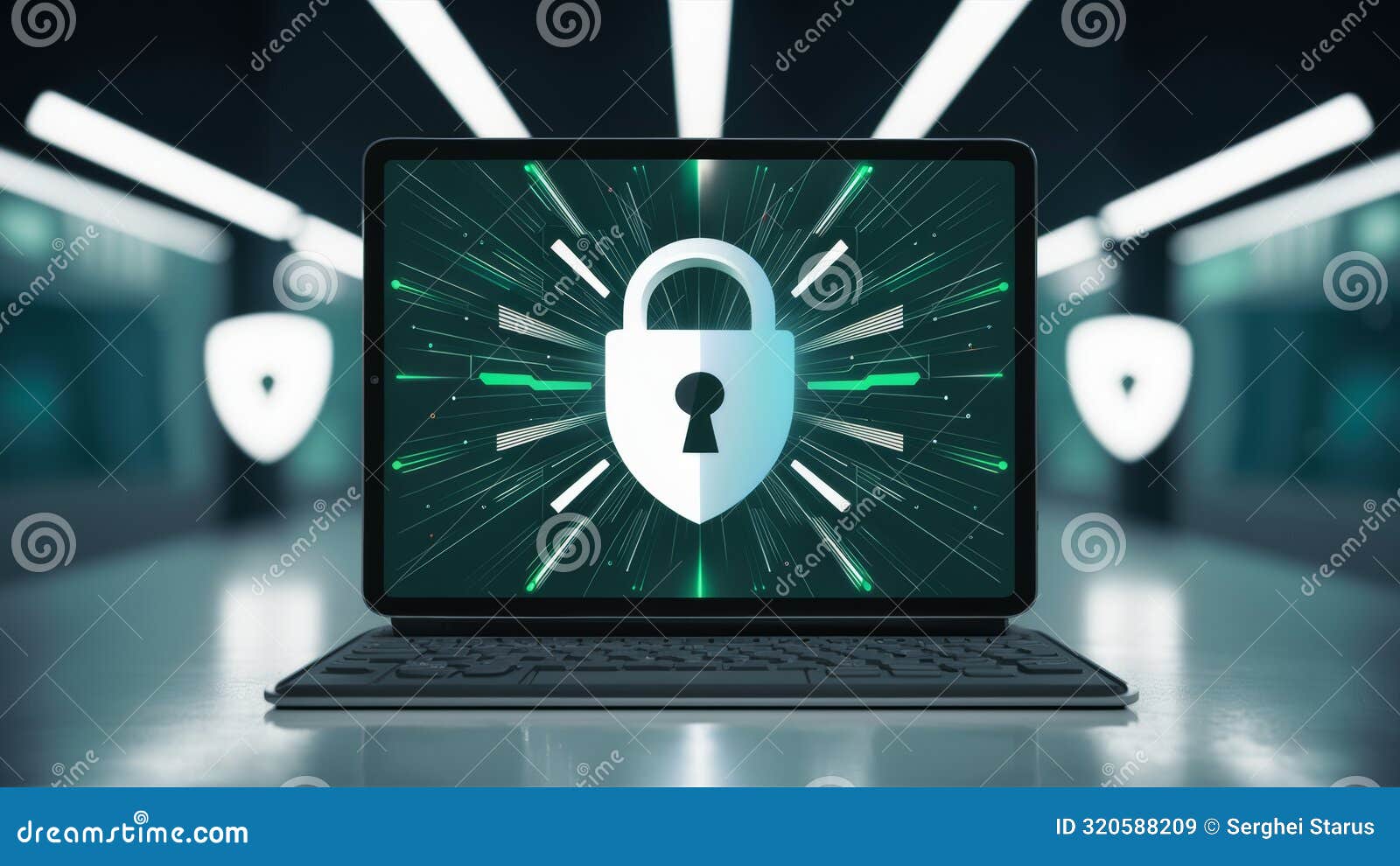 A Laptop Computer with a Padlock on it Sitting in Front of an Abstract ...