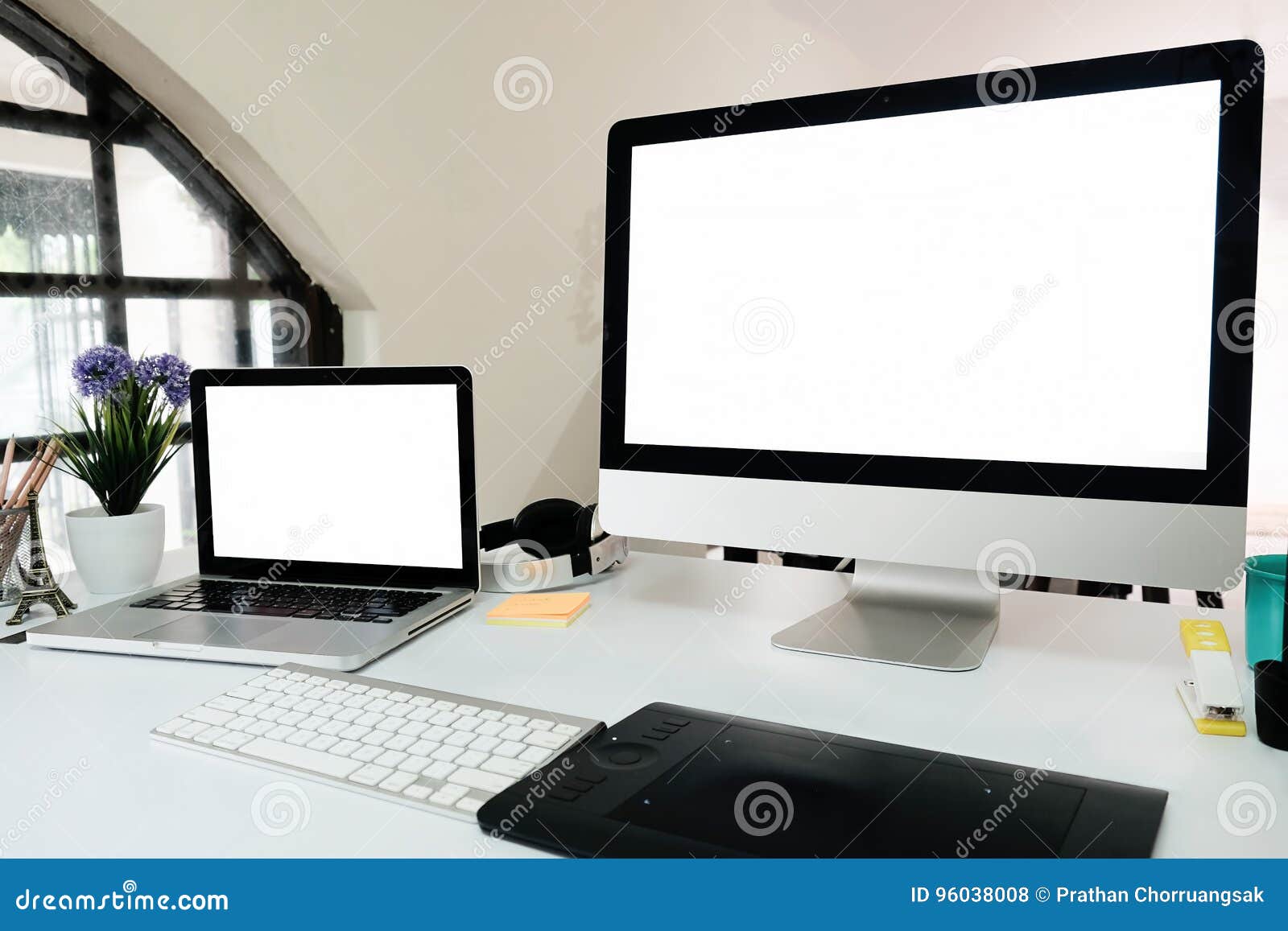 Laptop and Computer Pc Desktop on Work Office Table with Empty S Stock ...