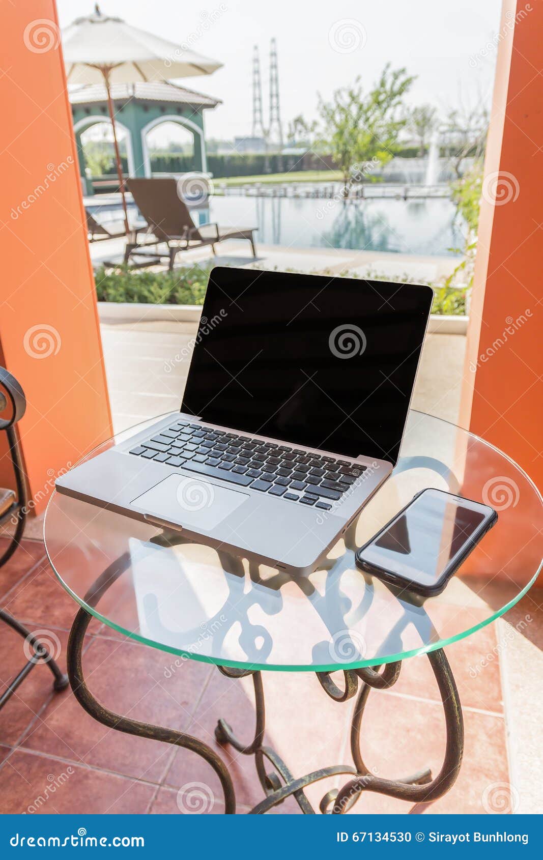 Laptop Computer, Phone ,books and Plant on the Table in Swimming Stock ...