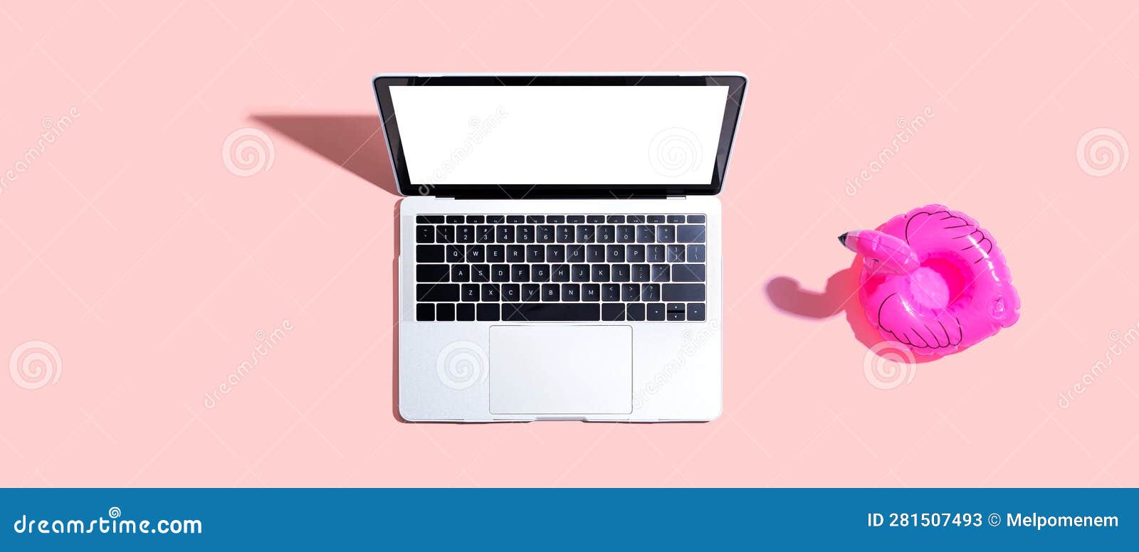 Laptop Computer with a Pink Flamingo Stock Image - Image of overhead ...