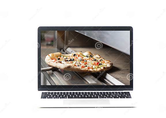Laptop Computer with Pizza on Screen. Stock Photo - Image of food ...