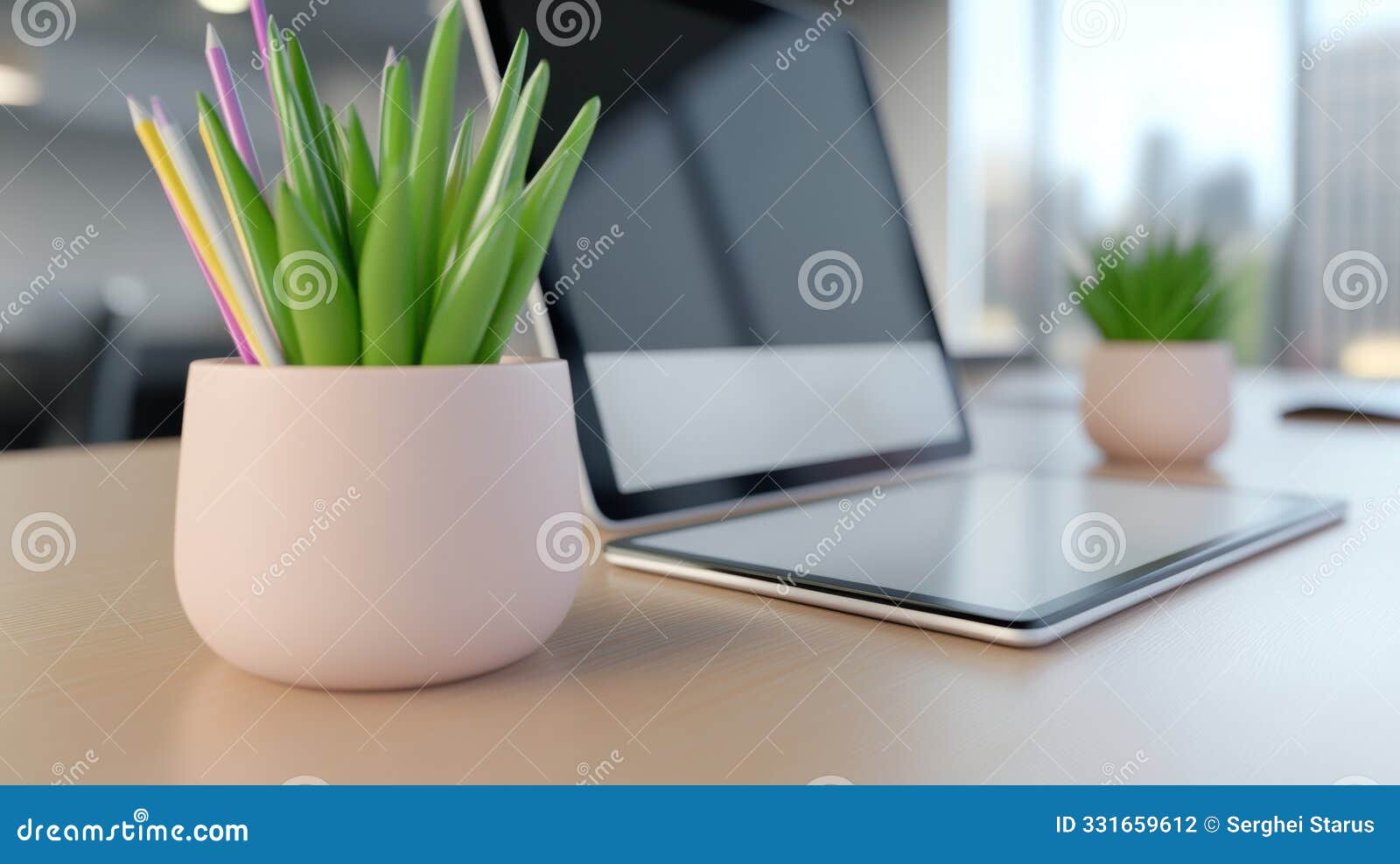 A Laptop Computer and Plant on a Desk with an Open Book, AI Stock Photo ...