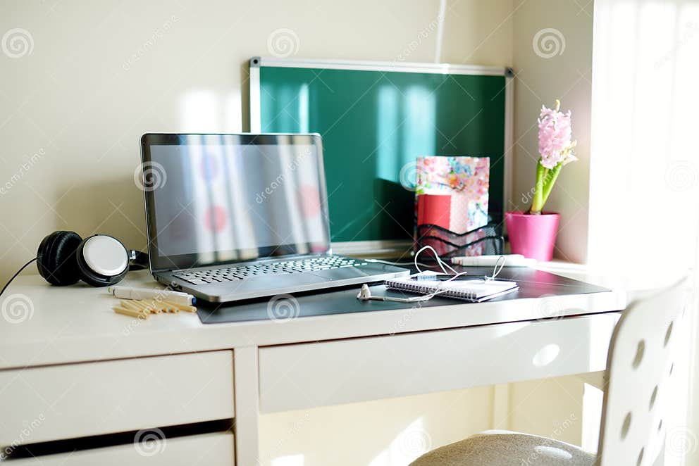 Laptop Computer at Productive Home Workplace. Using Tablet Computers ...