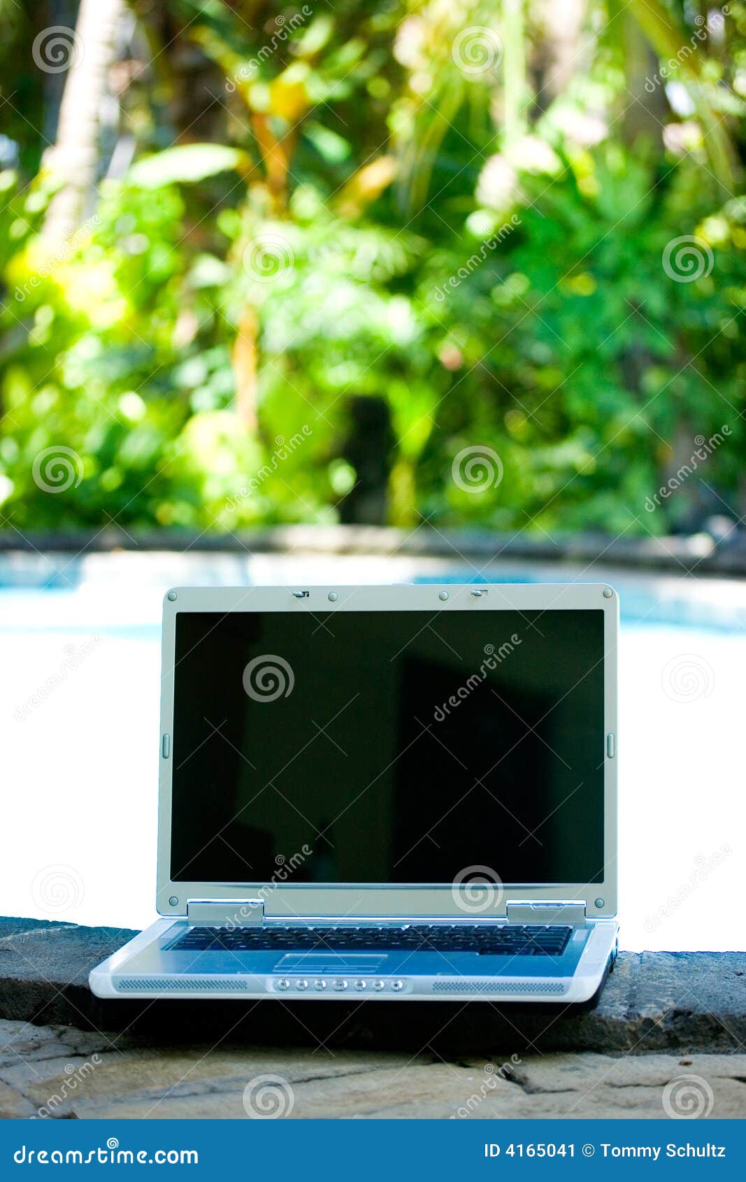 Laptop Computer and Resort Pool Stock Image - Image of holiday ...