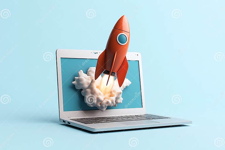 Laptop Computer with Rocket Flying Out Creating Cloud Effect this ...