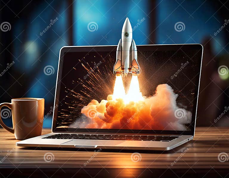 A Laptop Computer with a Rocket on the Screen Stock Photo - Image of ...