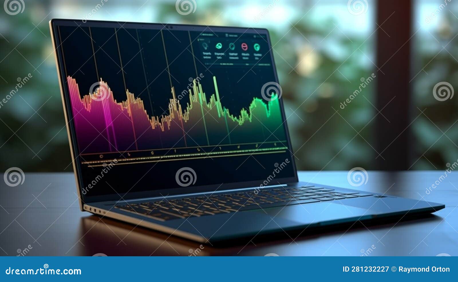 Laptop Computer with Sample Spreadsheets, Graph, Document on the Screen ...