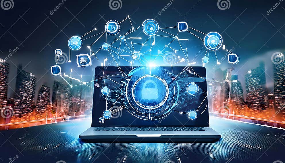 Laptop Computer Screen Displays a Network of Connected Symbols and ...