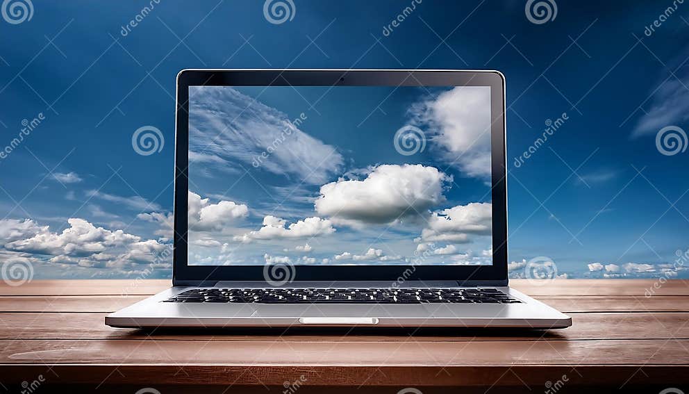 Laptop Computer Screen on Table with Blue Sky and Clouds Stock ...