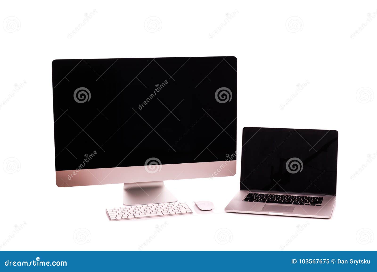 Laptop and Computer Screen on a White Table with Reflection on White ...