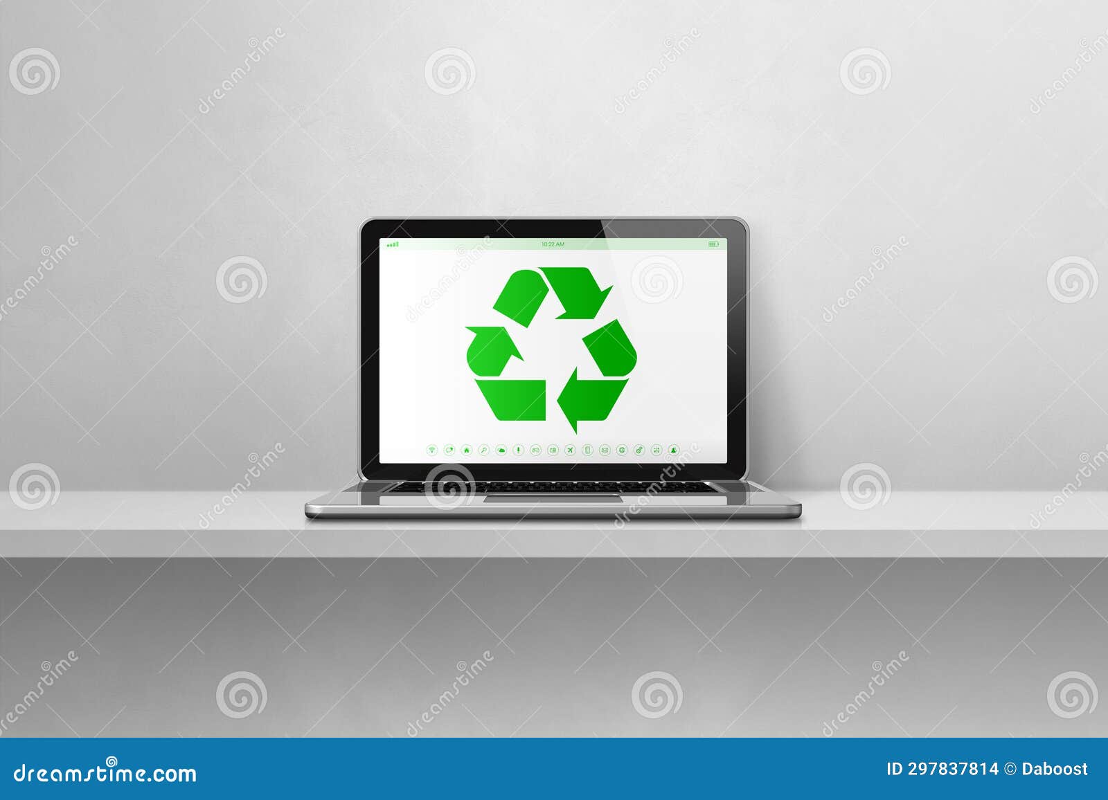 Laptop Computer on a Shelf with a Recycling Symbol on Screen ...