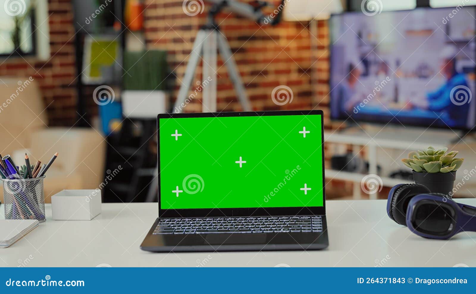 Laptop Computer Showing Green Screen Isolated Display on Empty Desk ...