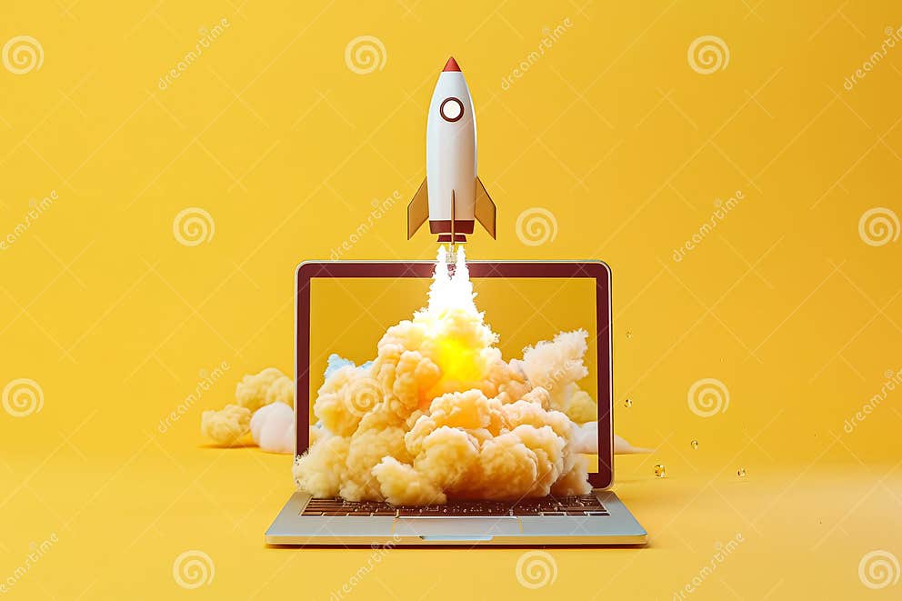 Laptop Computer is Shown with a Rocket Launching from it. Stock Image ...