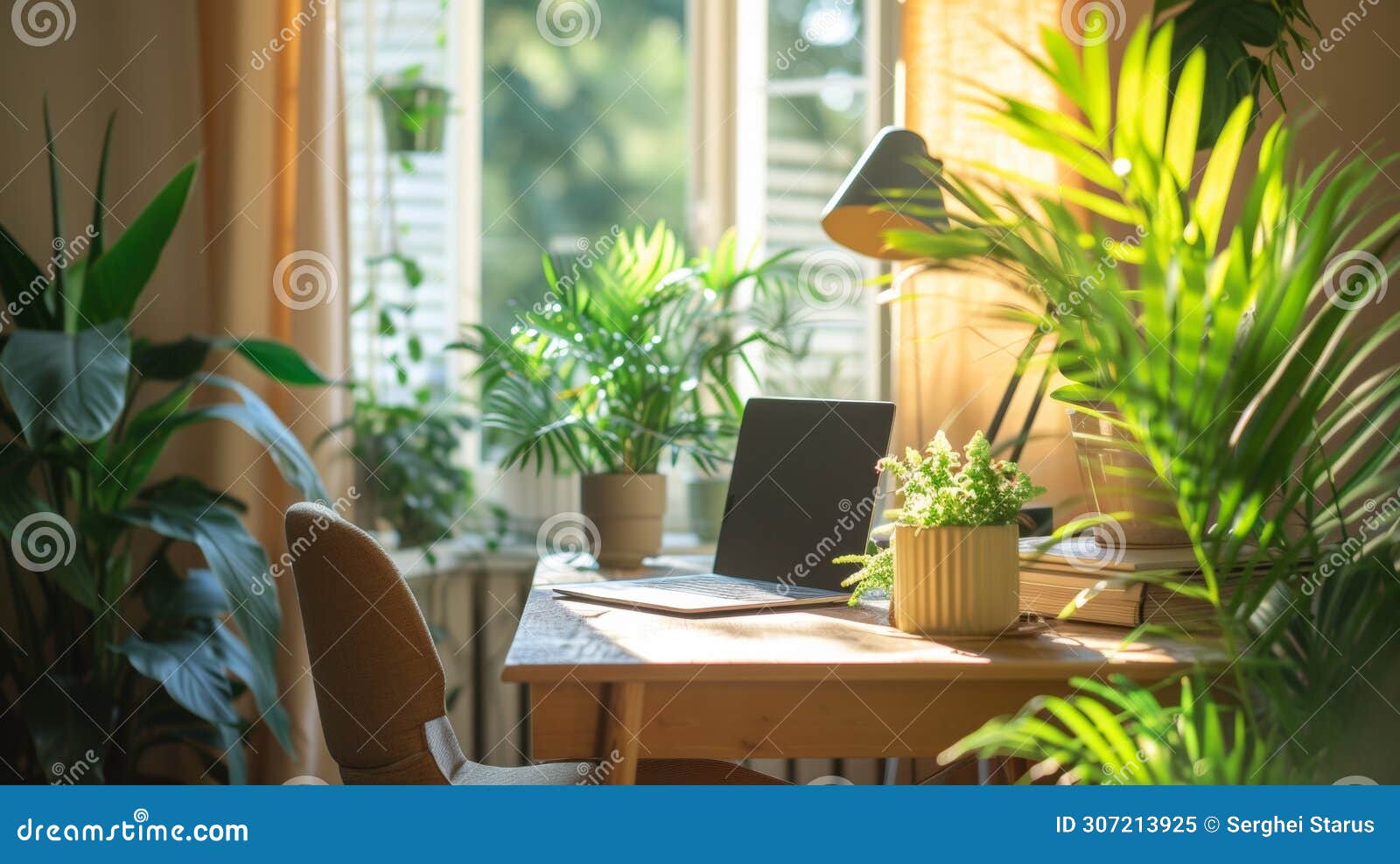 A Laptop Computer Sitting on a Desk in Front of Some Plants, AI Stock ...