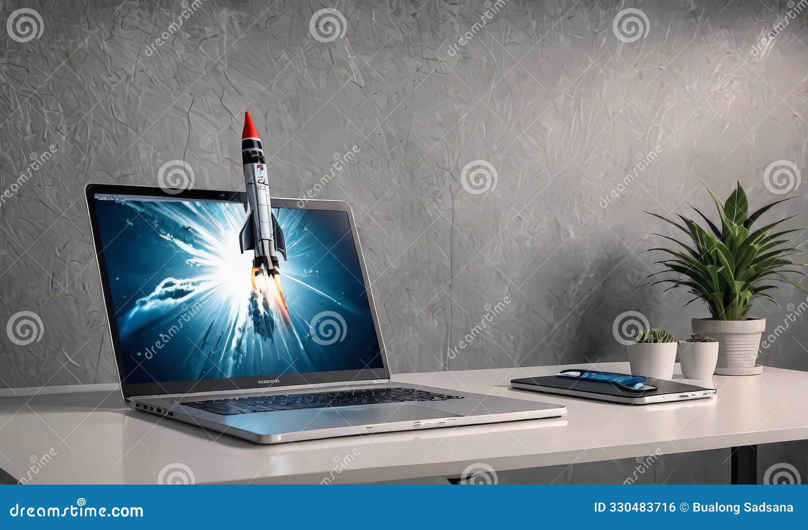 Laptop Computer Sitting on Desk with Rocket it Stock Illustration ...