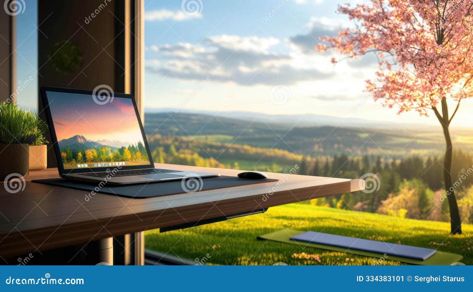A Laptop Computer Sitting on a Desk with the View of Trees and Grass ...
