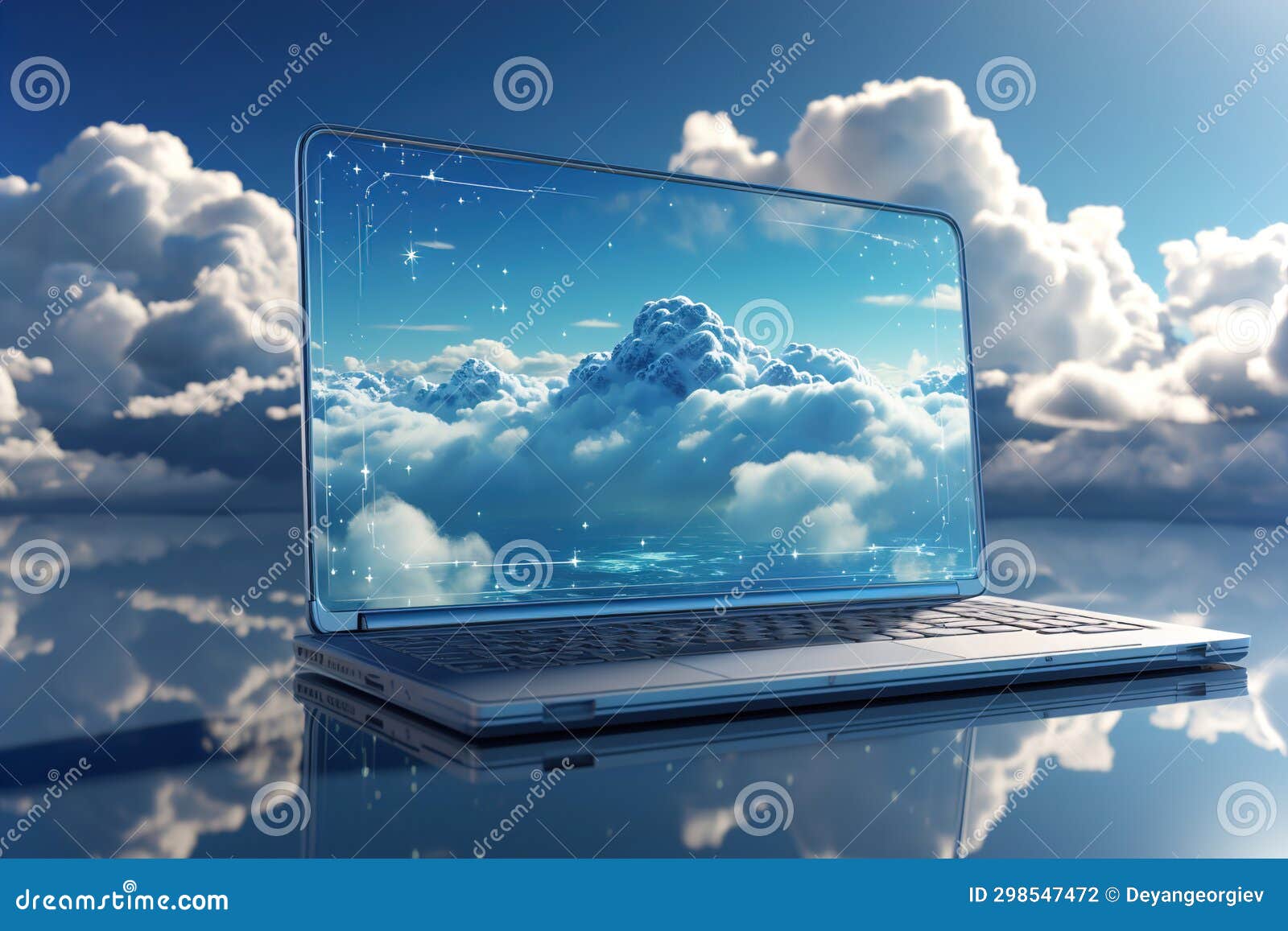 A Laptop Computer Sitting on Top of a Cloud Filled Sky. Cloud Network ...