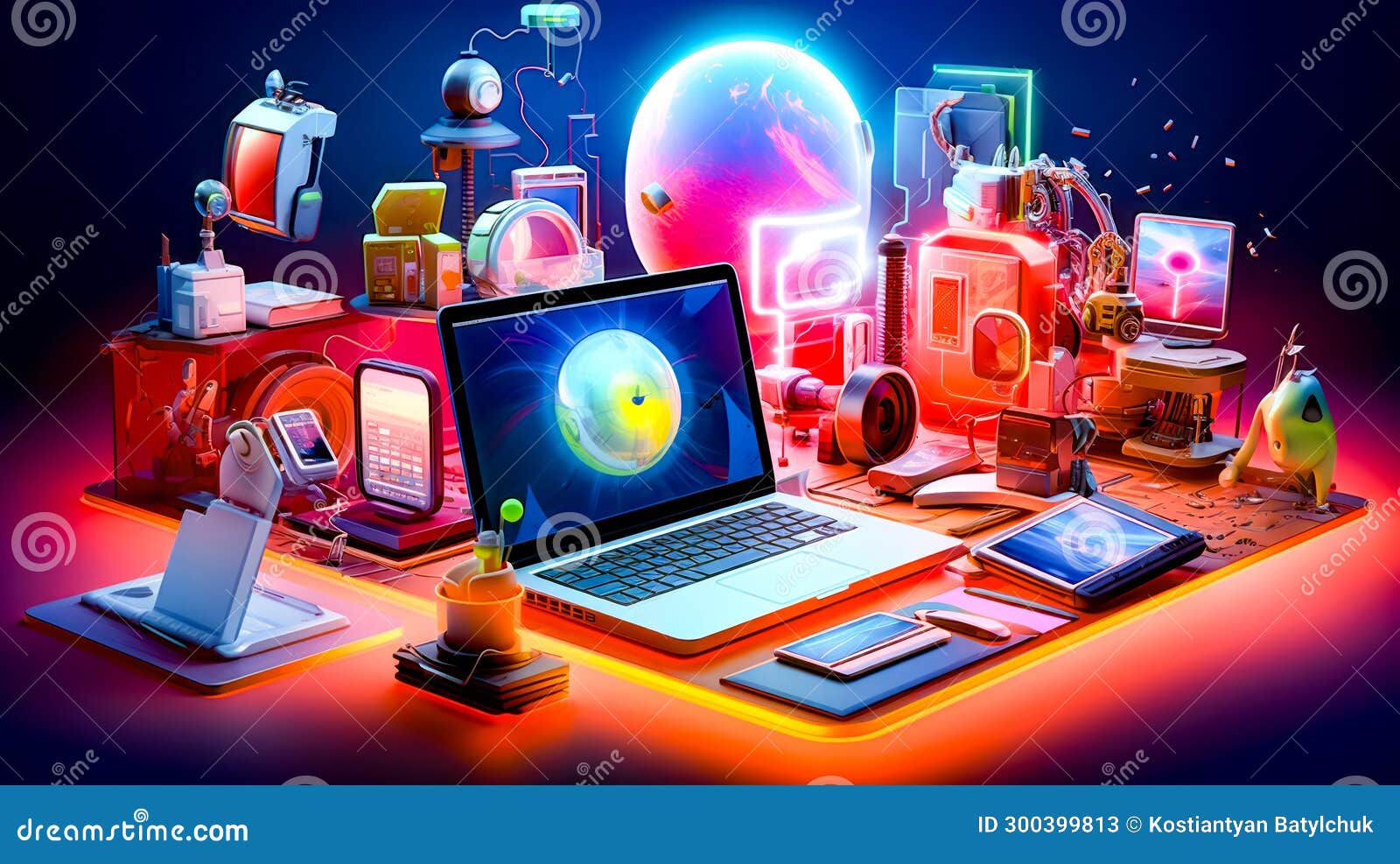 Laptop Computer Sitting on Top of Desk Next To Other Electronic Devices ...