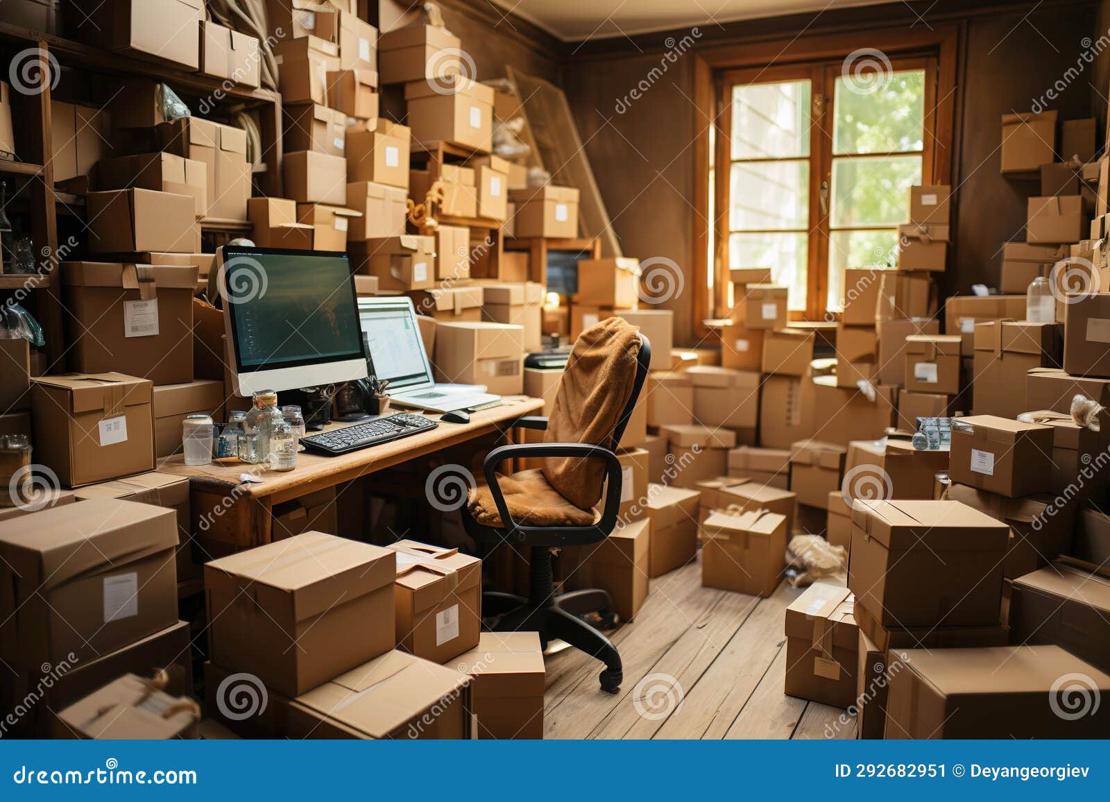 A Laptop Computer Sitting on Top of a Wooden Table. Pile of Courier ...