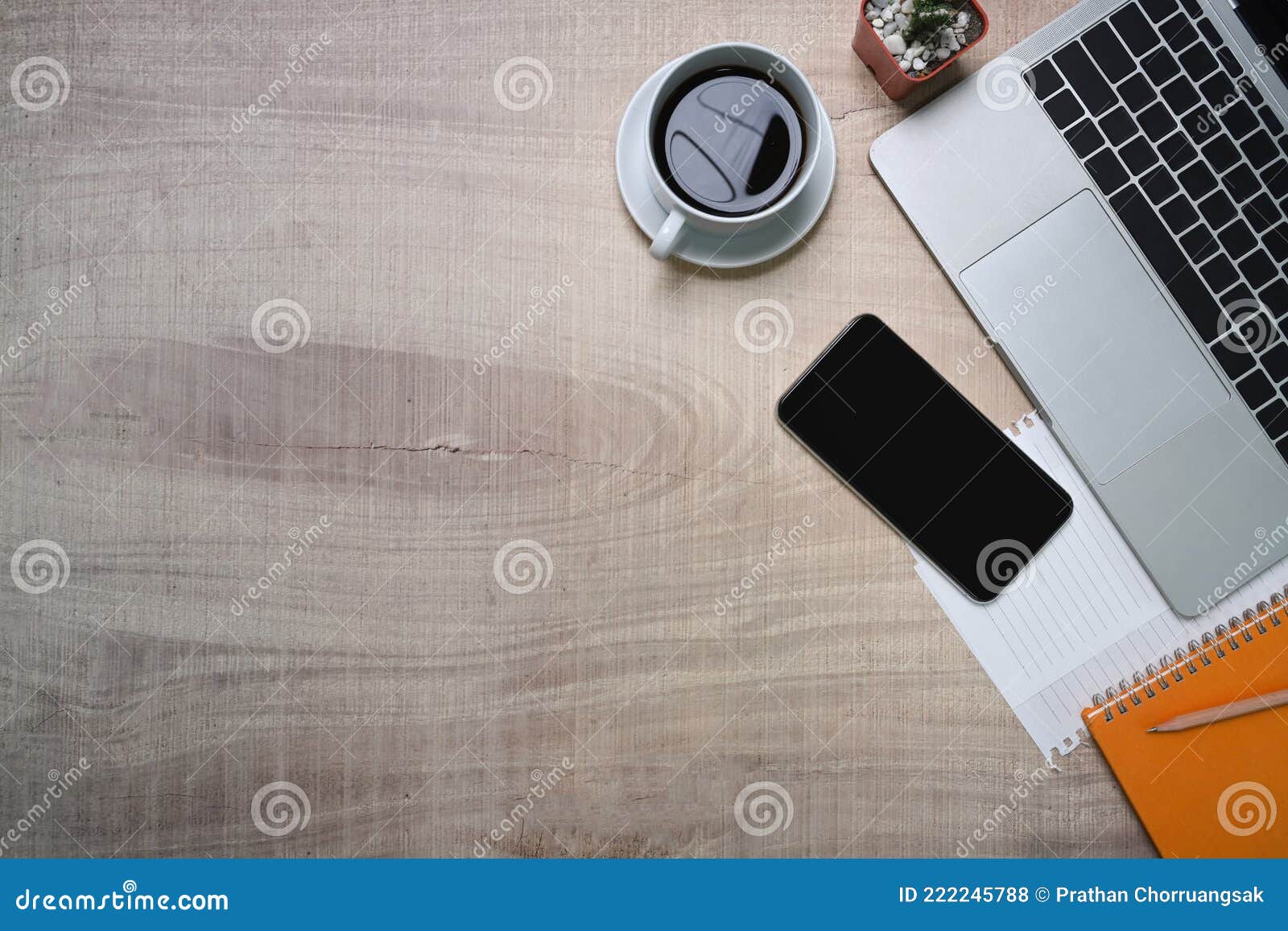 Laptop, Smart Phone and Coffee Cup on Wooden Desk. Stock Photo - Image ...