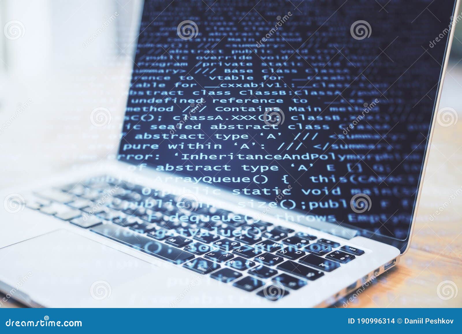 Laptop Computer On Table With Abstract Coding Backdrop With Text Stock 4130
